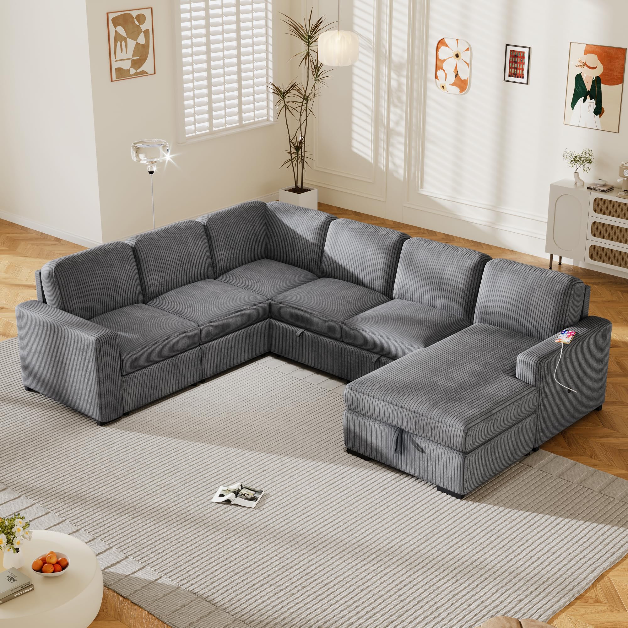 CALABASH U Shaped Sectional Sleeper Sofa, with Pull Out Bed, L-Shaped Corner Combo, with Ottoman, USB and Storage, Convertible Sectional Sofa Couch,Grey