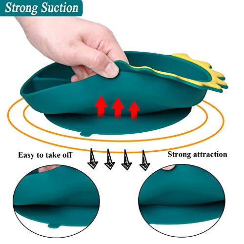 KAVONOI Baby Feeding Set,Silicone Suction Plate Dinosaur Shape SelfFeeding Adjustable Bib, Suction Plate for Baby Toddler with Spoon Fork Adjustable Bib Set -Blue Dinosaurs