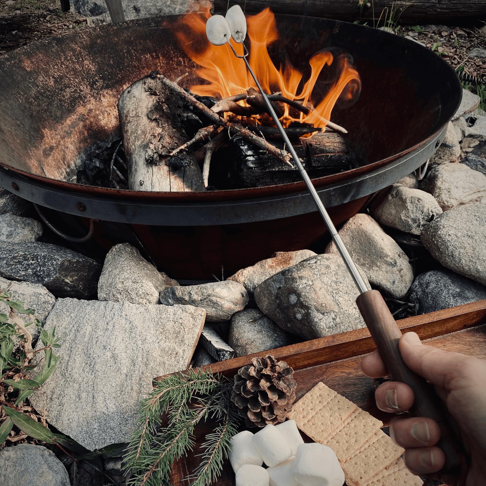 Blue River Goods Smores Sticks | Set of 6 Marshmallow Roasting Sticks | Telescoping Stainless Steel w/Walnut Handles | Smore Sticks for Marshmallow Sticks for Fire Pit | Smore Sticks for Fire Pit