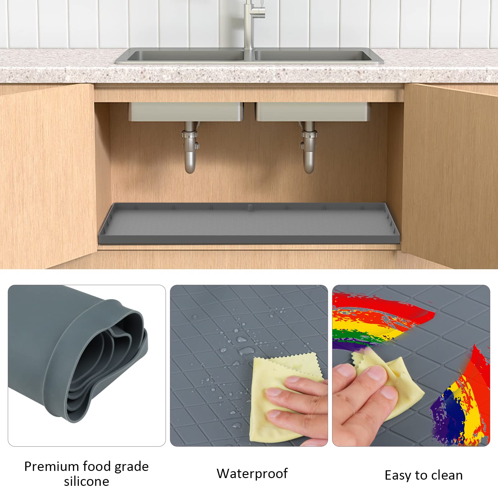 Bonnary Under Sink Mat for Kitchen Waterproof 34" x 22", Flexible Silicone Under Sink Liner with Drain Hole, Kitchen Bathroom Sink Cabinet Protection Mat Drips Leaks Spills Tray (Grey)