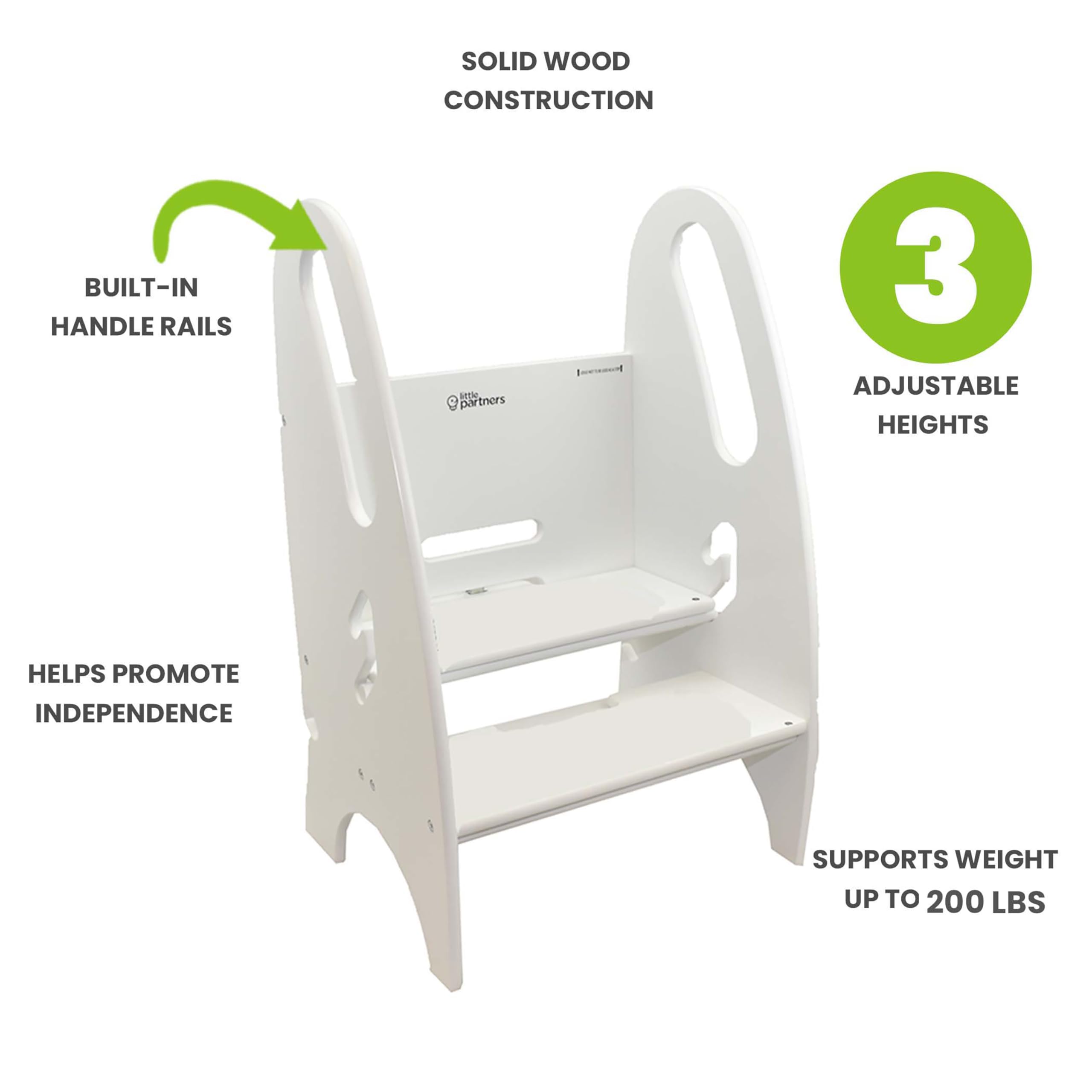 Little Partners 3-in-1 Growing Step Stool Toddler Tower Helper Step Stool, Wooden Toddler Standing Stool for Bathroom or Kitchen, Anti-Slip Feet, Built-in Safety Hand Rails Up to 200 lbs.(Soft White)