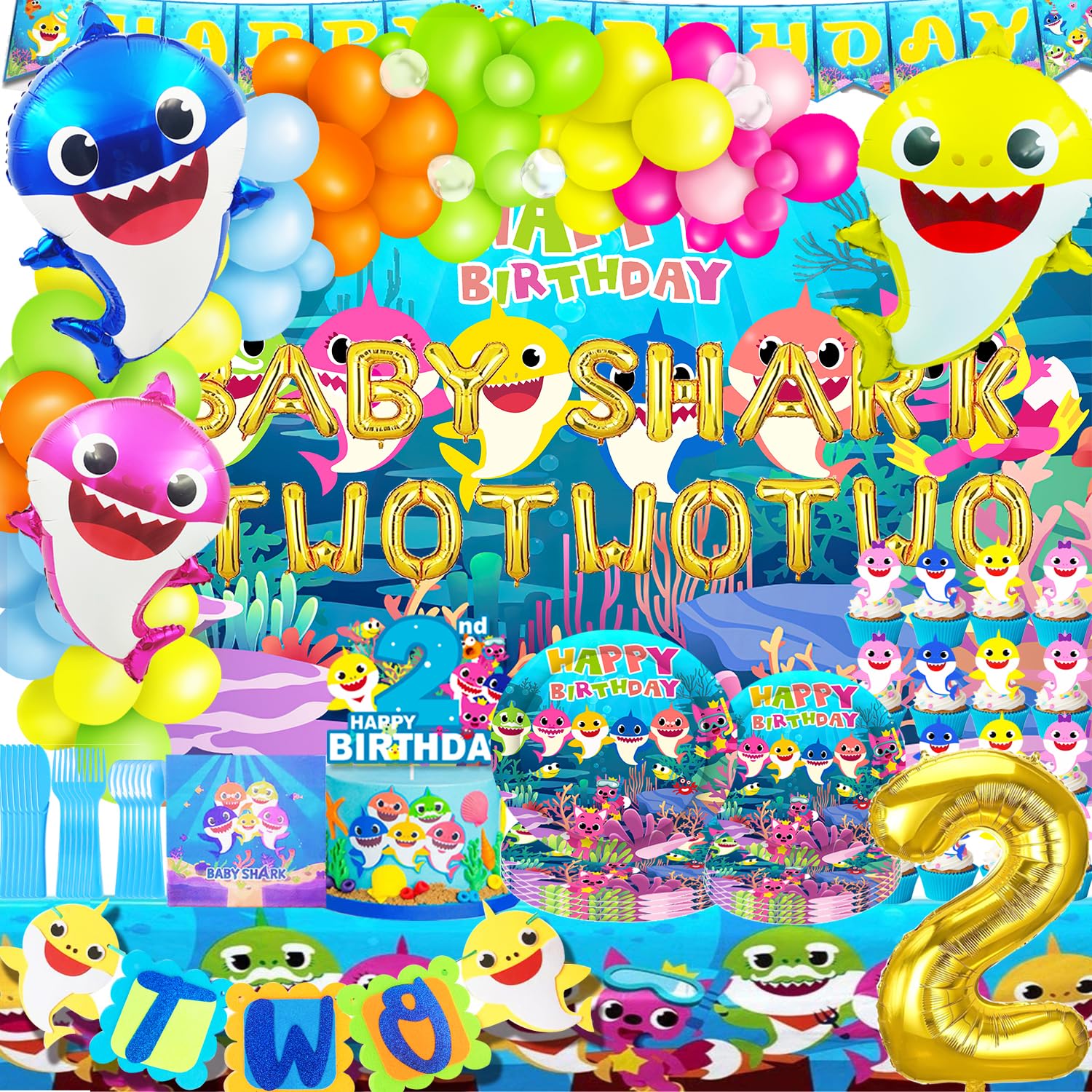Blue Shark 2nd Birthday Party Supplies Decorations Include Backdrop, Banner, Balloons Arch, Tablecloth, Hat, Topper Cake, Shark Theme Shark Party Supplies