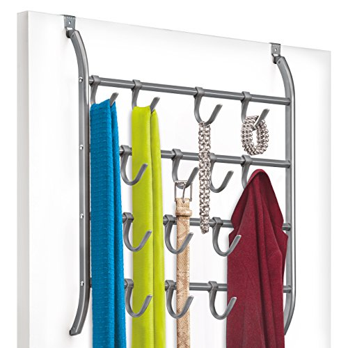 Lynk® Over Door or Wall Mount 16 Hook Rack - Shirt, Belt, Hat, Coat, Towel, Purse, Bra Organizer - Platinum