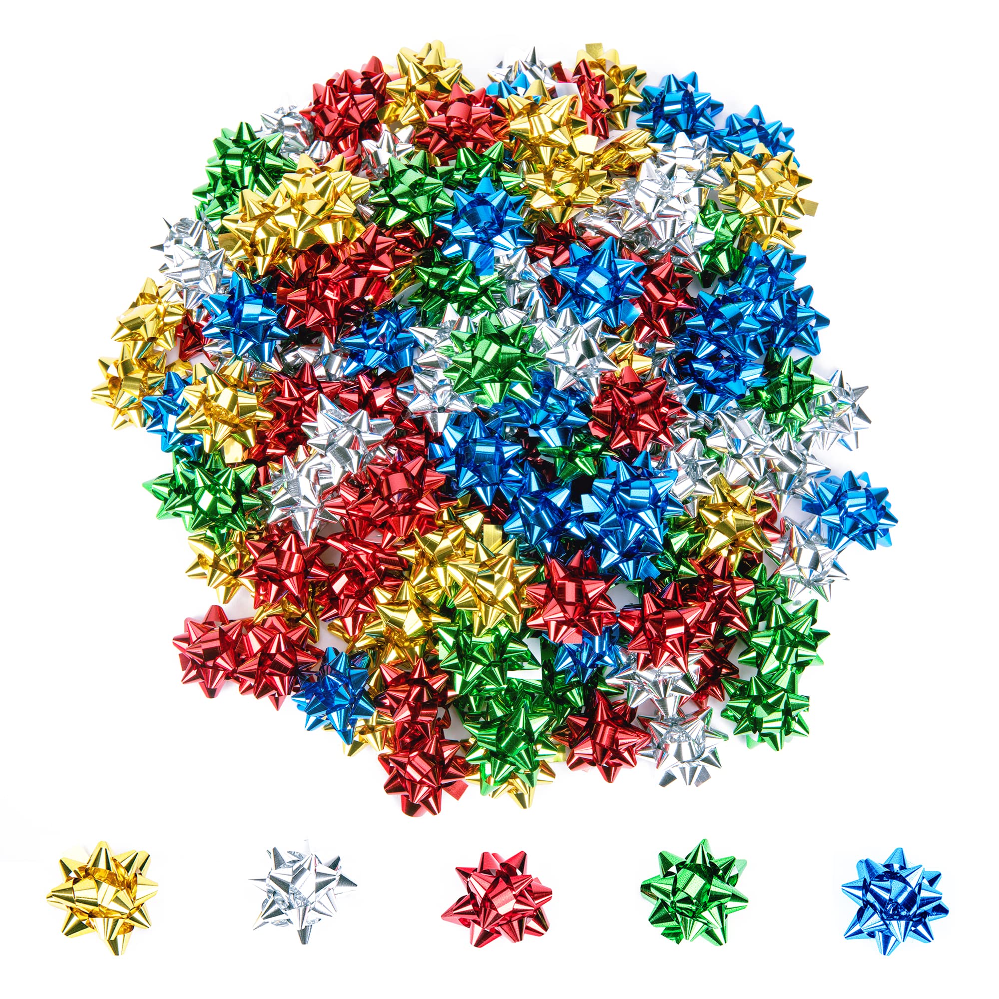 Iceyyyy 100 Pcs Mini Christmas Gift Bows-1 Inch Mix Color Metallic Star Gift Bows-Tiny Adhesive Present Bows for Christmas Holiday Party Decoration DIY Gifts Wrapping