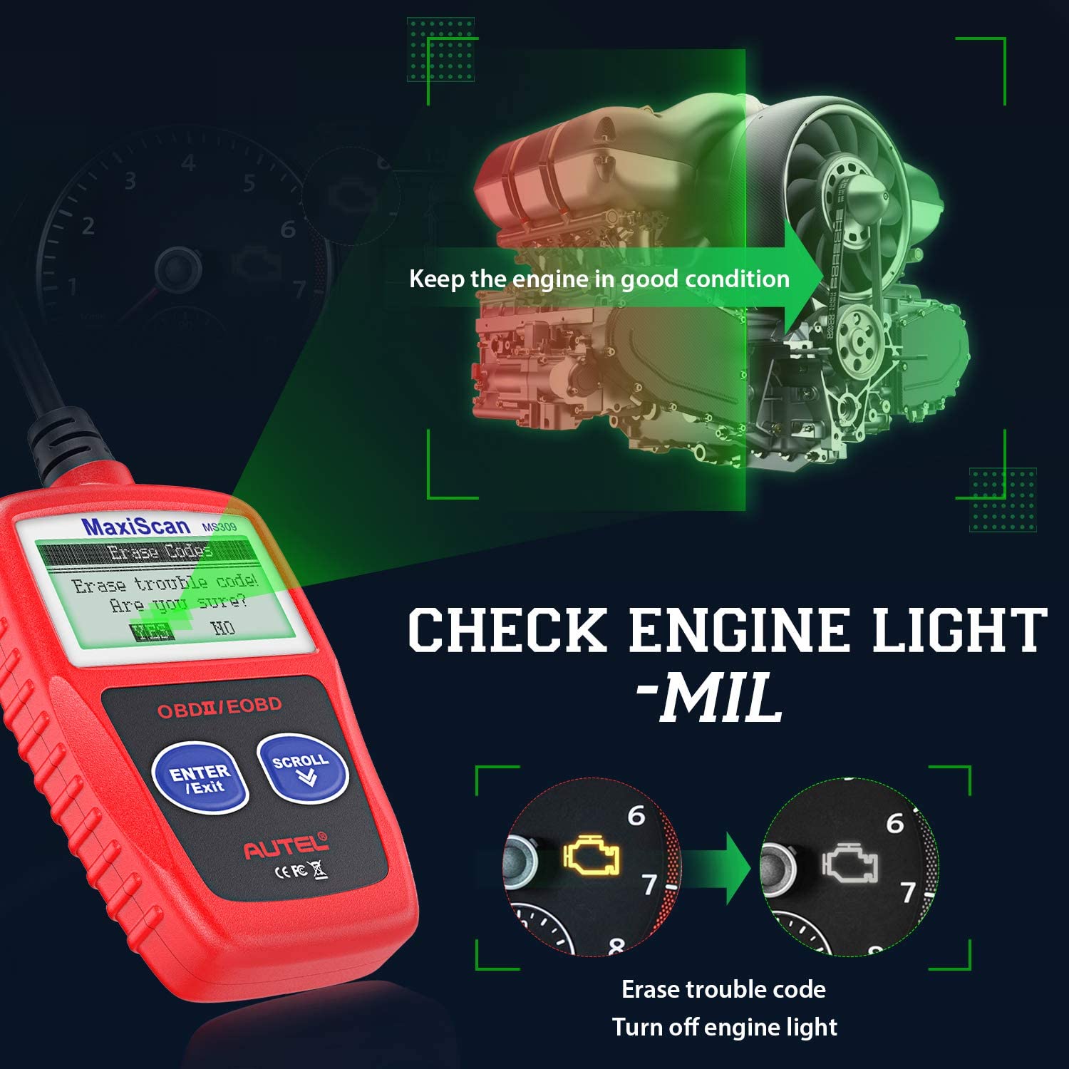 Autel OBD2 Scanner MaxiScan MS309 Car Check Engine Code Reader, Check Emission Monitor Status, 2024 Newest CAN Diagnostic Scan Tool for All OBD II Protocol Vehicles After 1996