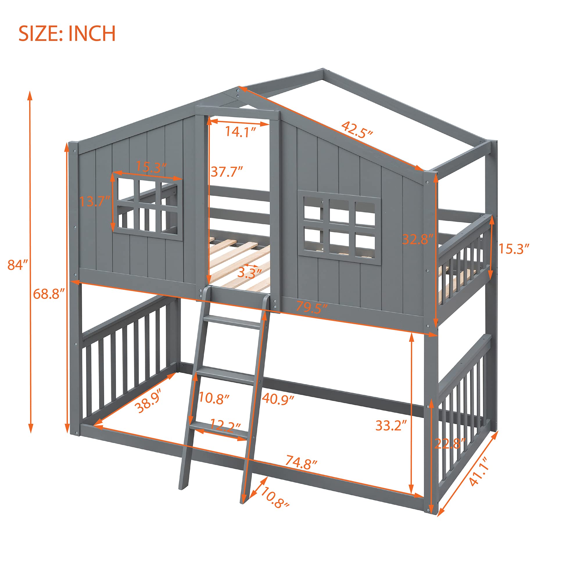 Harper & Bright Designs House Bunk Bed Twin Over Twin Kids Bunk Bed Wood Frame for Girls Boys, Roof Design (Twin Size, Gray)