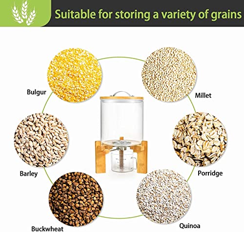 Glass Rice Dispenser with Wooden Stand, Flour and Sugar Container Dispenser with Glass Measuring Cup for Pantry Organization and Storage with Airtight Bamboo Lid for Rice, Beans,and Ground Coffee (5L)