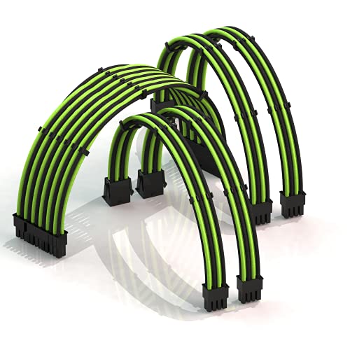 LINKUP - AVA 30cm PSU Cable Extension Sleeved Custom Mod GPU PC Braided w/Comb Kit | 1 x 24 P (20+4) | 2 x 8 P (4+4) CPU | 2 x 8 P (6+2) GPU Set | 300mm - GreenBlack