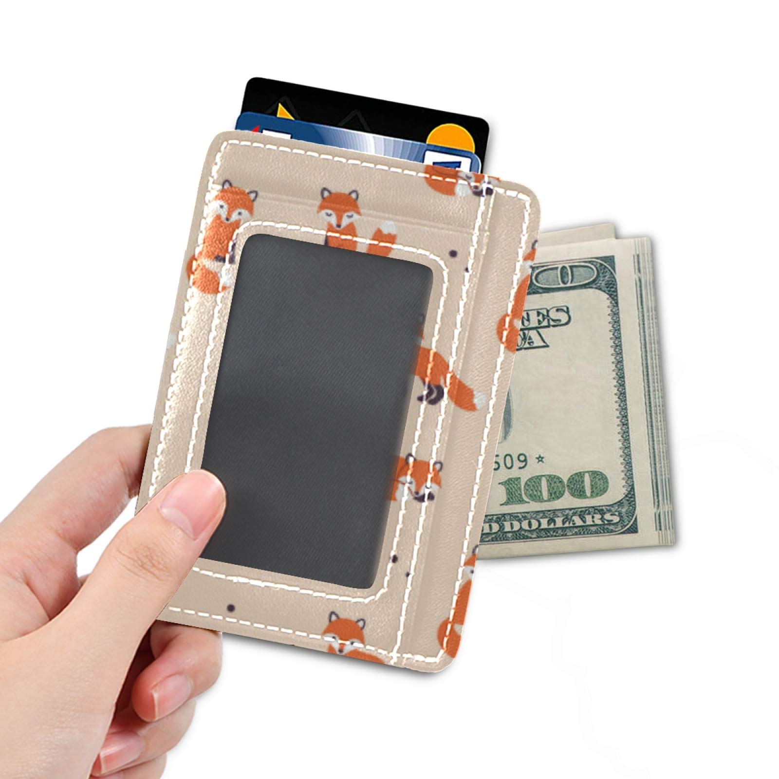 Linomo Thin leather Card Holder and Money Clip Cute Animal Fox Pattern Wallet RFID Blocking for Men & Women