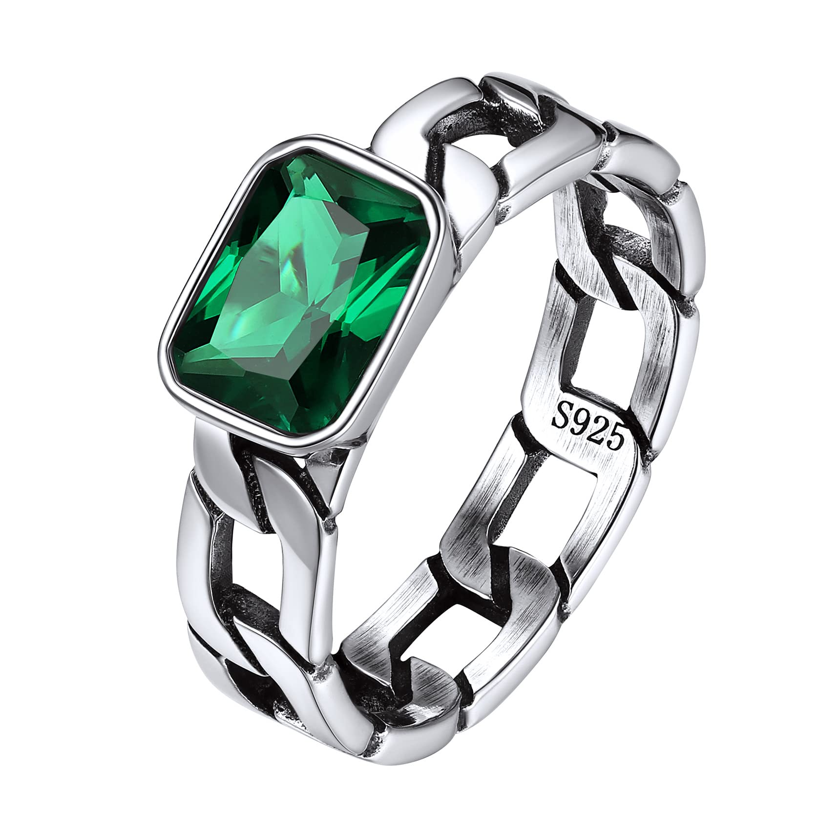 Bestyle Sterling Silver Emerald Ring Chunky Thick Cuban Link Chain Ring, Cubic Zirconia Promise Engagement Ring Couple Jewelry Gift for Girlfriend Wife, Size 10