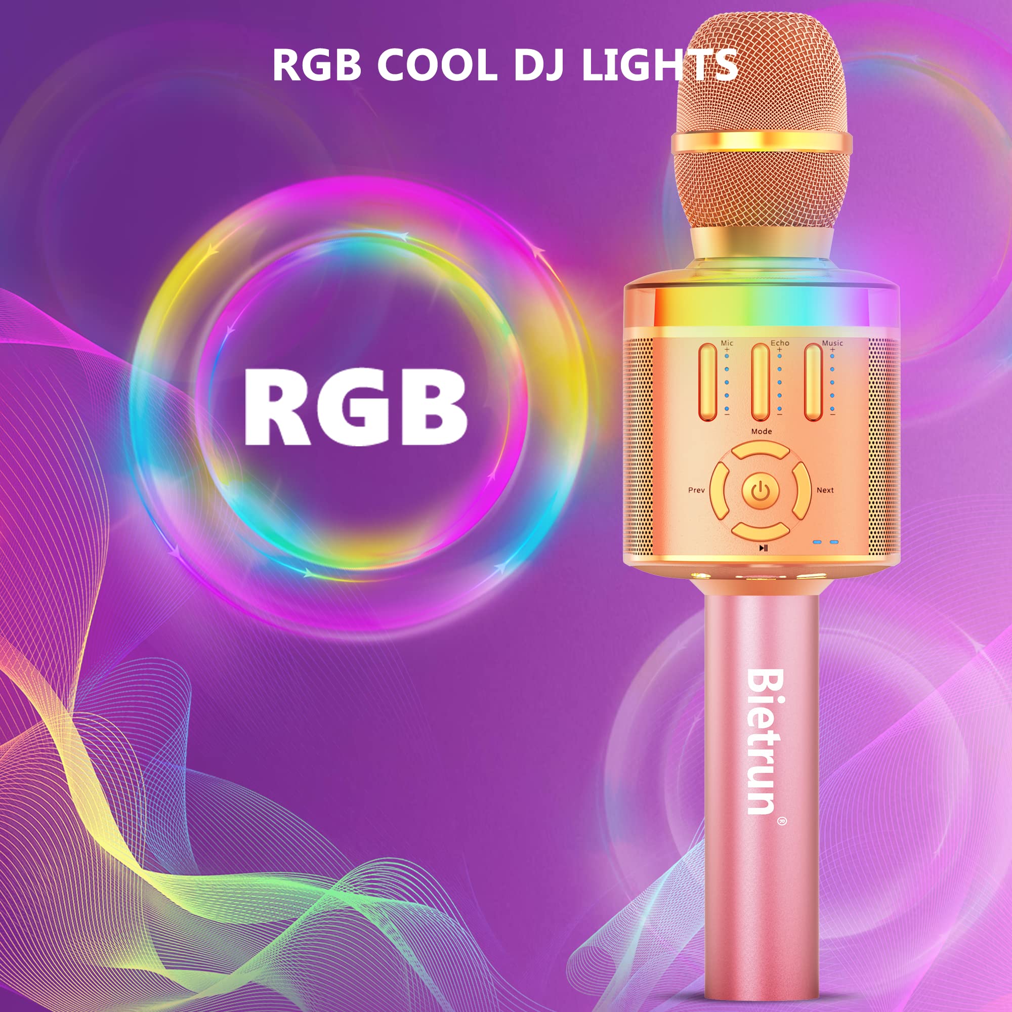 Bietrun Karaoke Microphone for Singing with 4 Magic Sounds, Bluetooth Portable Metal Handheld Cordless Dynamic Rechargeable Wireless Mic with Speaking, RGB Light, 8hrs Work Time, AUX, TF