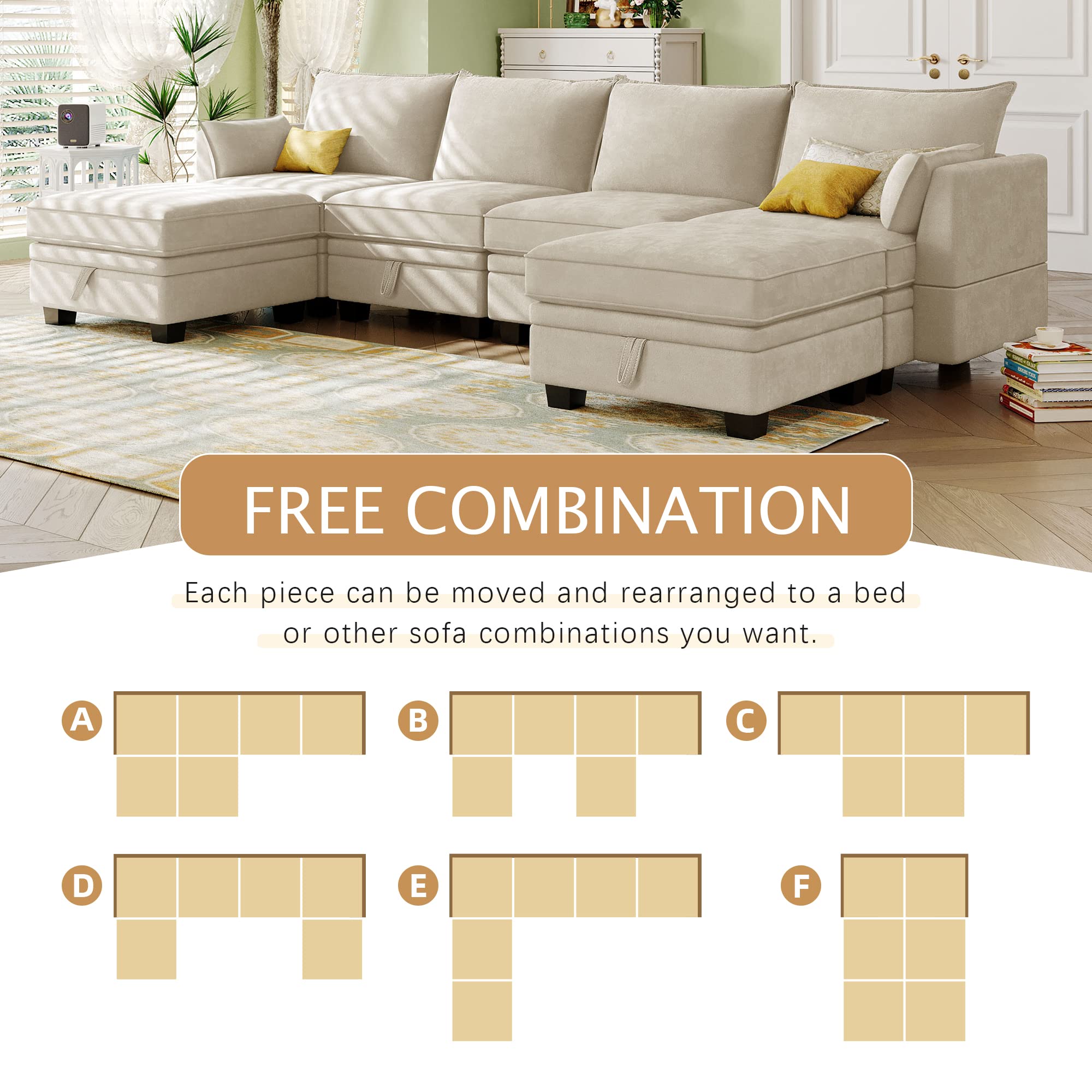 P PURLOVE Modern Large U Shape Modular Sectional Sofa, Sectional Sofa Couch with Storage Seat,Convertible Sofa Bed with Reversible Chaise for Living Room,Bedroom.Beige