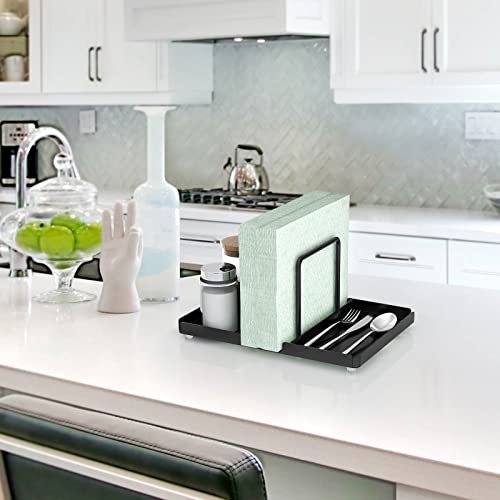Napkin Holder for Table, Metal Napkin Holder with Salt and Pepper Shakers Caddy, Standing Paper Napkin Storage for Kitchen Dining Table Decor, Black