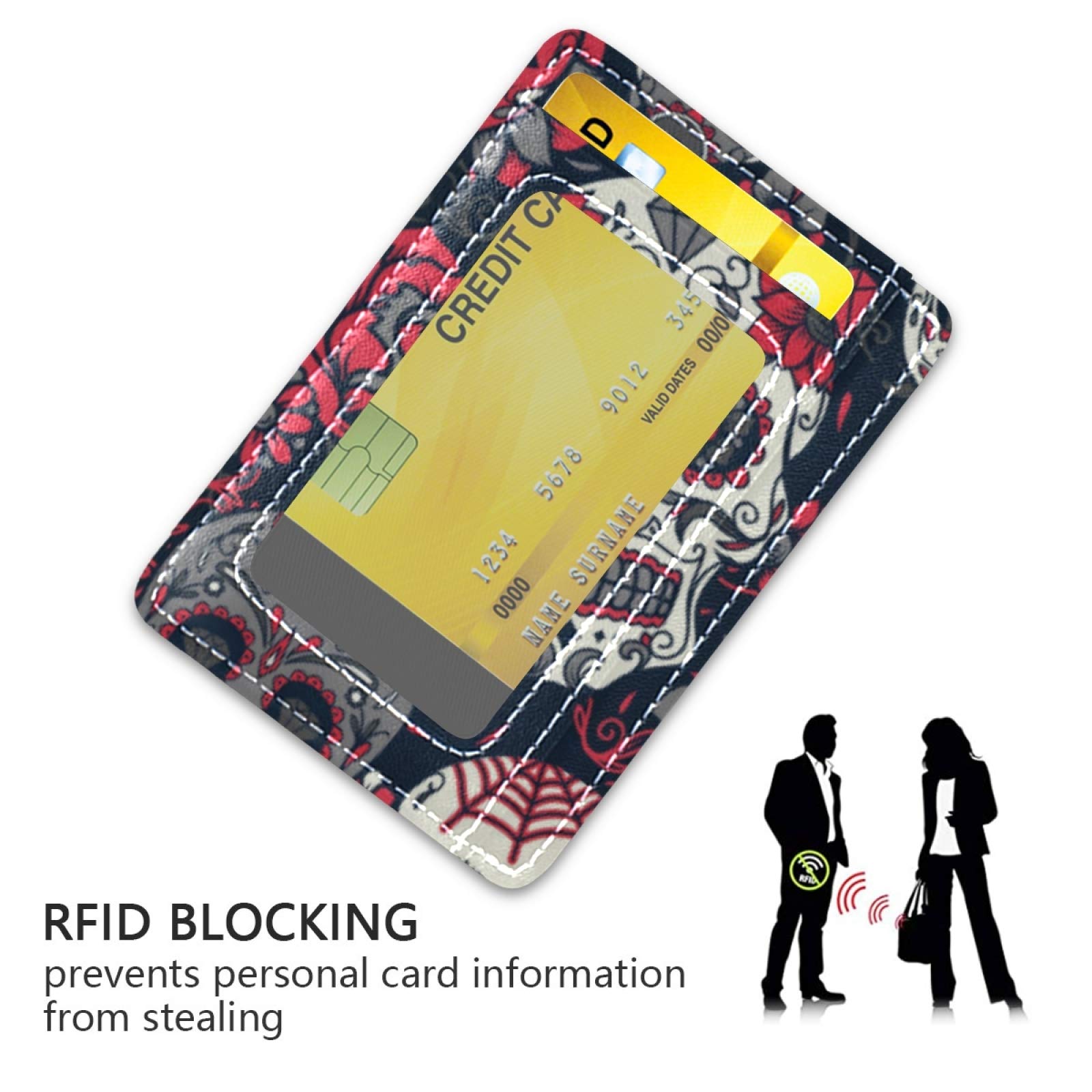 Linomo Thin leather Card Holder and Money Clip Floral Flower Sugar Skull Wallet RFID Blocking for Men & Women