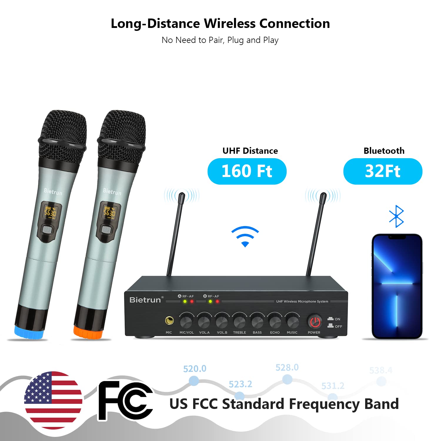 Bietrun Wireless Microphone and Mic Stands, for Church, Meeting, Wedding, Karaoke