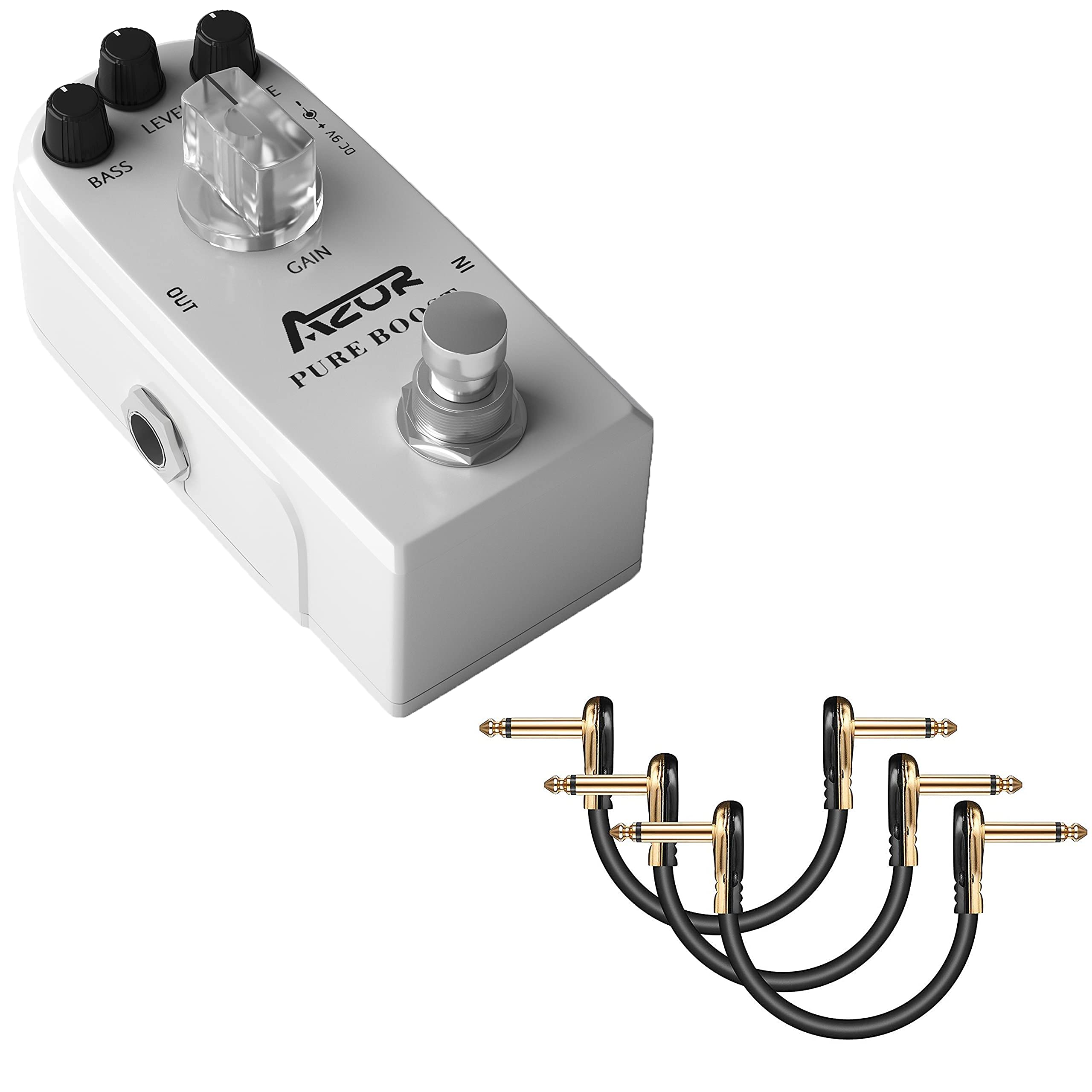 AZOR Pure Boost Guitar Effect Pedal with Guitar Effect Pedal Cables 3 Pack (Gold)