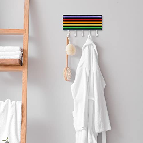 Colorful Horizontal Lines Striped Pattern with Black Background Mail Holder Organizer and Key Hooks PU Front, Self Adhesive Key Rack with 5 Hooks Perfect for Entryway, Hallway,Bathroom ,Kitchen