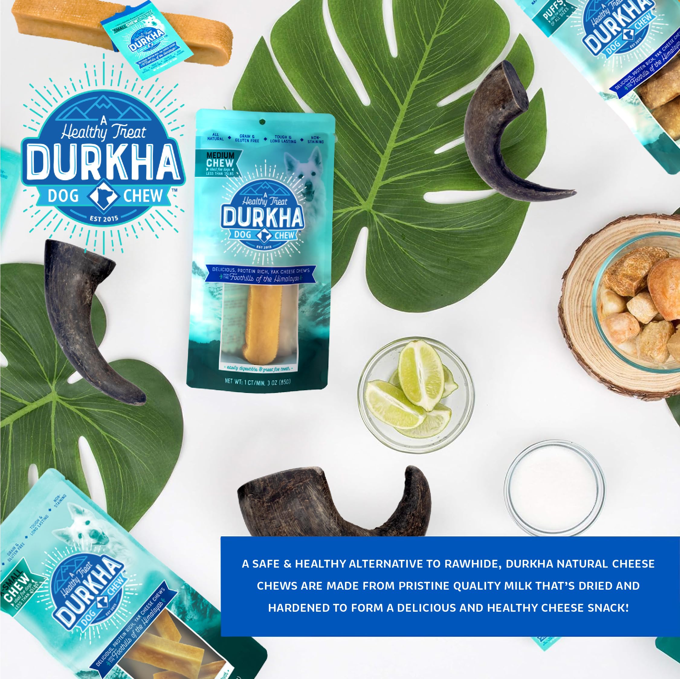 Durkha Yak Himalayan Dog Chews | Natural Long Lasting Dog Chew Made from Yak or and Cow Milk | Great for Aggressive Chewers, 5 Piece, Medium(3-4 OZ per Piece)