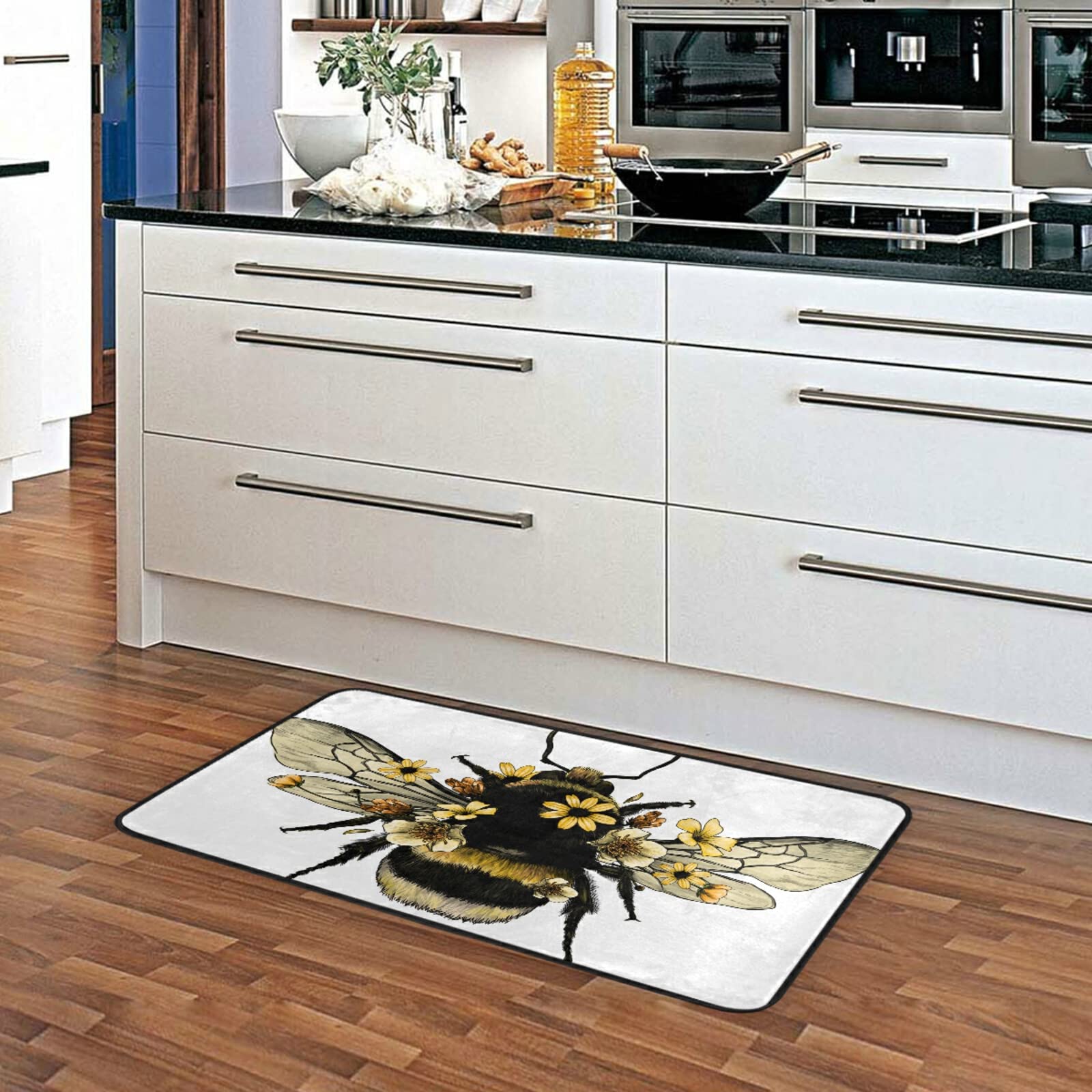 Bees Spring Kitchen Rugs Flowers Summer Bath Mat for Bathroom Absorbent Non Skid Washable Standing Floor Desk Mat Runner Carpet for Home Office Hallway Sink Stove Laundry 39X20 inches