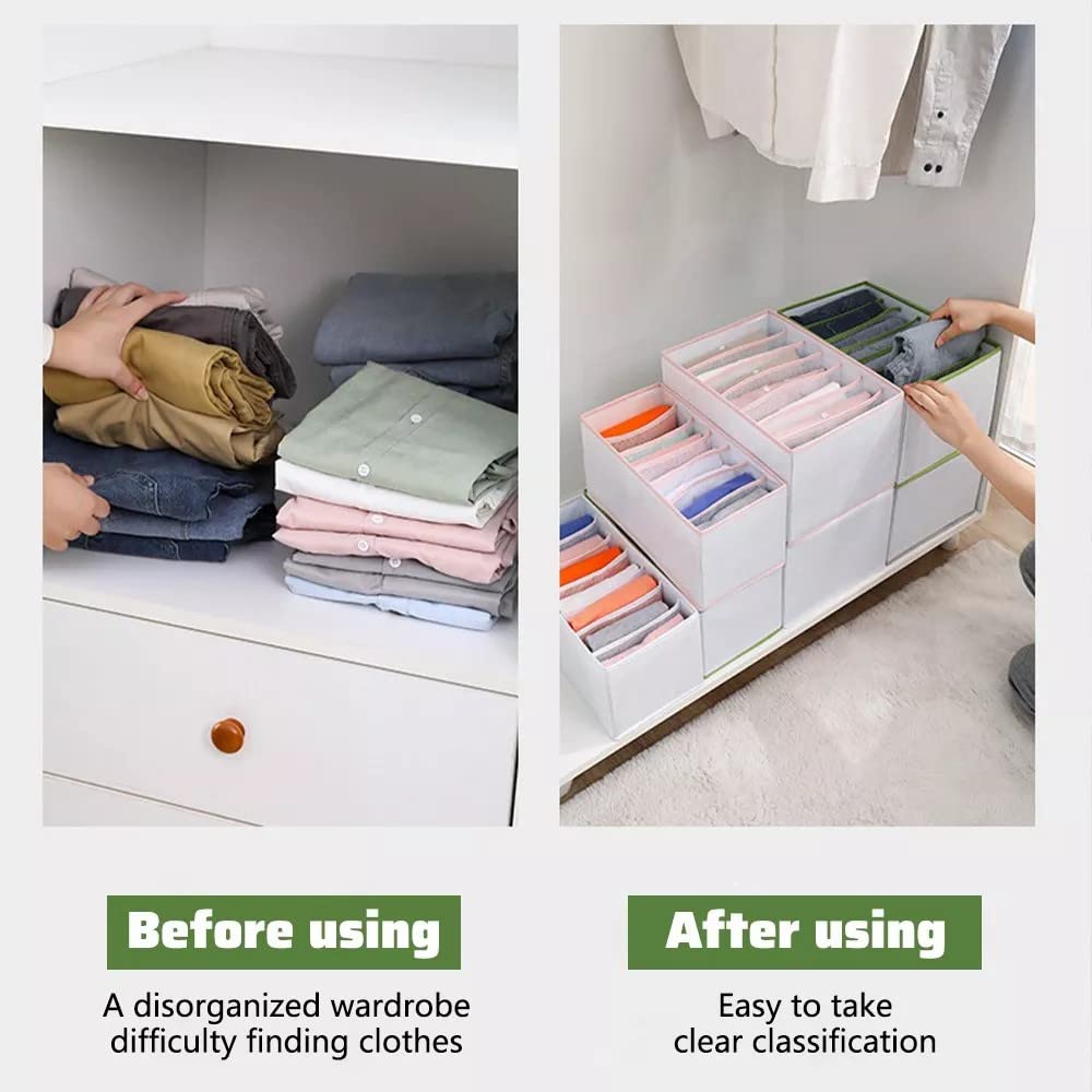 MENGHUONIAN Upgraded Clothes Drawer Organizers, 2/3 Pcs Jeans Compartment Storage Box, 7/9 Grids Clothes Drawer Mesh Separation Box, Anti-Deformation, Washable, Foldable(Gray,2 Pcs Jeans Grid)