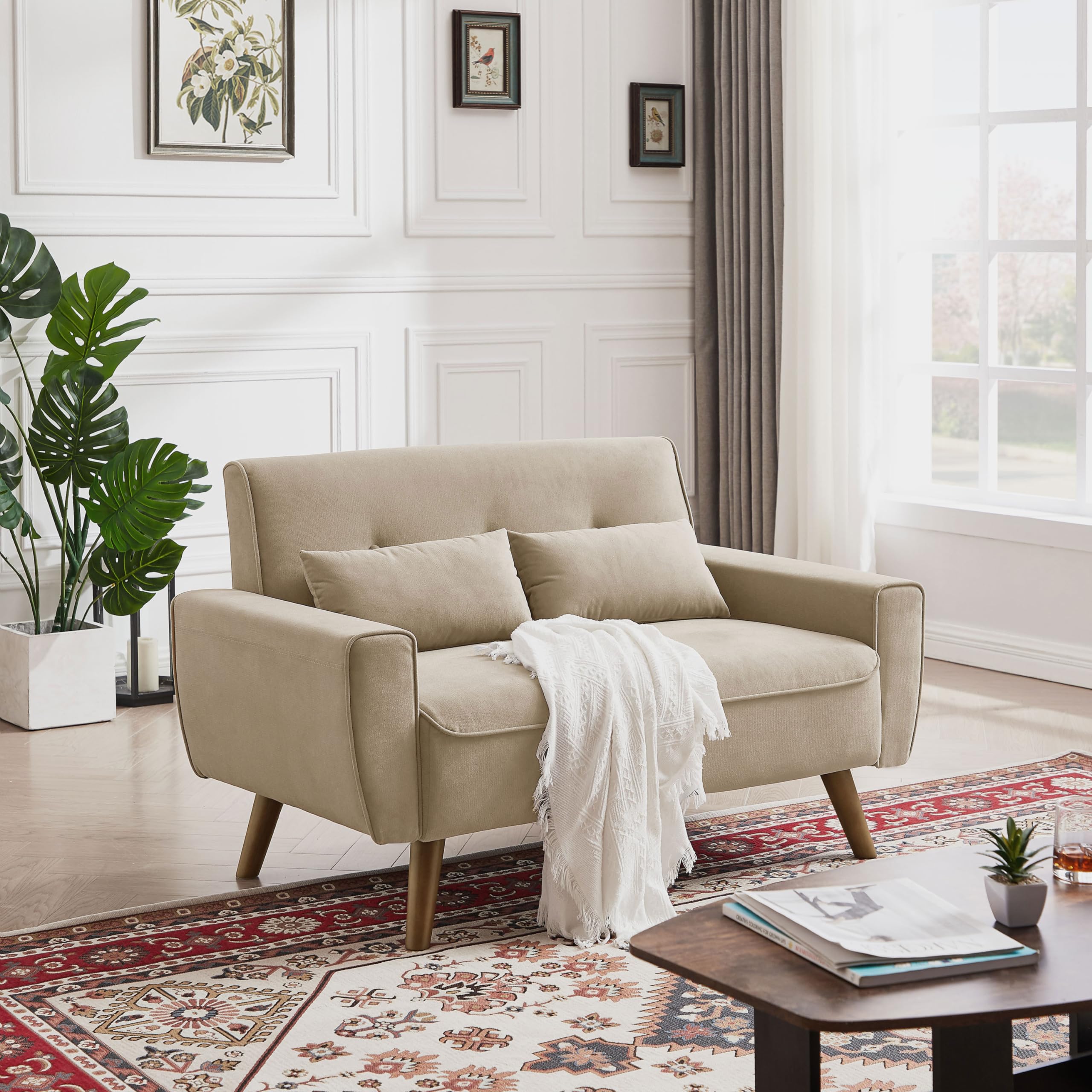 Chireca 48.8" Small Loveseat Sofa Couch, Mid Century Modern Linen Love Seat Couch, 2 Seat Tufted Couches with Throw Pillows for Living Room, Apartment, Bedroom and Small Spaces, Light Grey