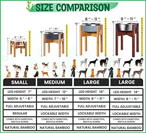 Dog Bowl Stand for Large Dogs - Height 14-inch, Adjustable, Lockable Width 8-11inches Wide - Food and Water Feeder Holder - Bamboo