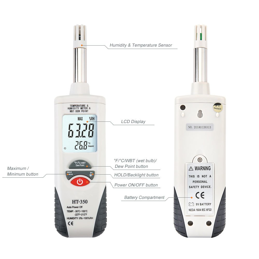 Hygro-Thermometer Psychrometer, Handheld Digital Humidity Temperature Meter with Dew Point and Wet Bulb Temperature, Dual Display Temperature & Humidity, Hti-Xintai