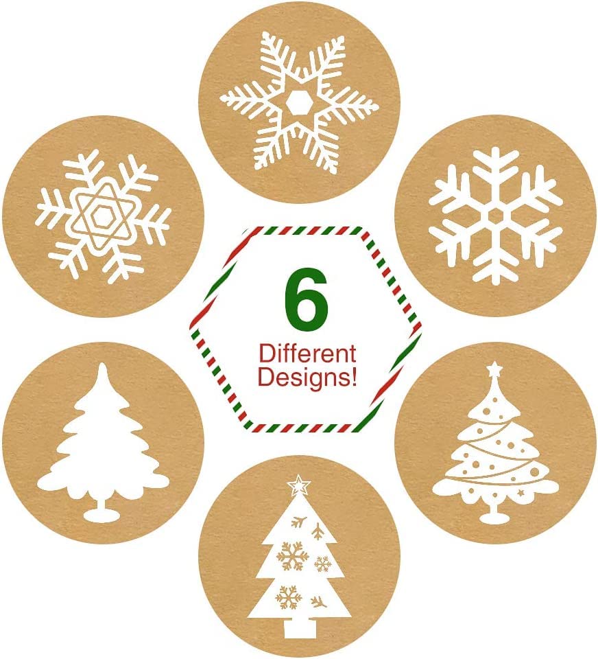Christmas Stickers, 1.5" Snowflake Christmas Stickers 6 Designs 200PCS Christmas Stickers for Envelopes, Christmas Tree Snowflake Holiday Stickers Roll for Cards