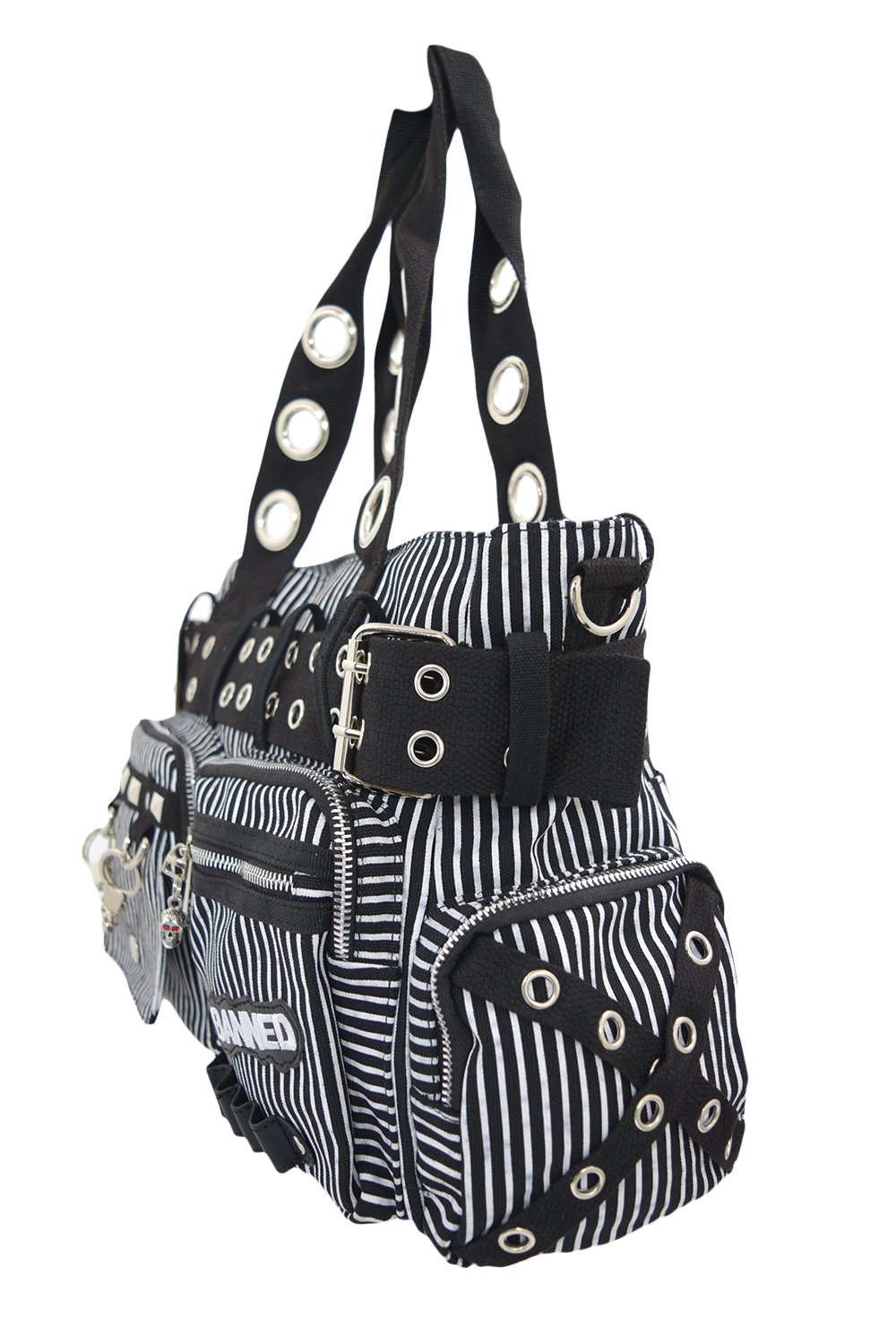 Lost Queen Striped Punk Rock Steampunk Purse with Handcuff Skull Charm (White), Medium