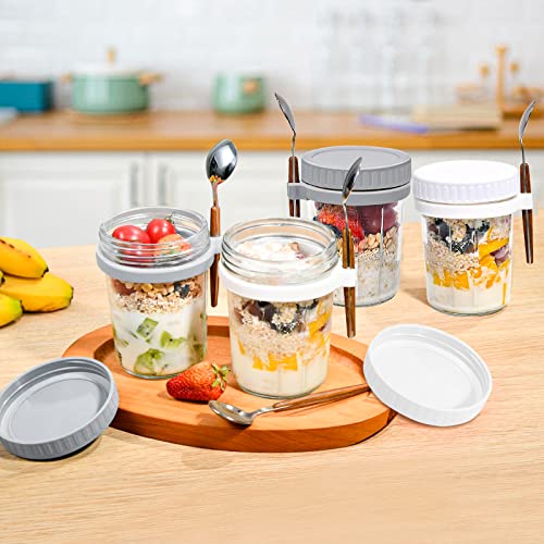 Mason Jars for Overnight Oats: 4 Pack Overnight Oats Containers with Lids and Spoons - 16 oz Glass Food Storage Containers for Milk, Cereal, Fruit - Oatmeal Jars/Canning Jars/Food Jars & Canisters
