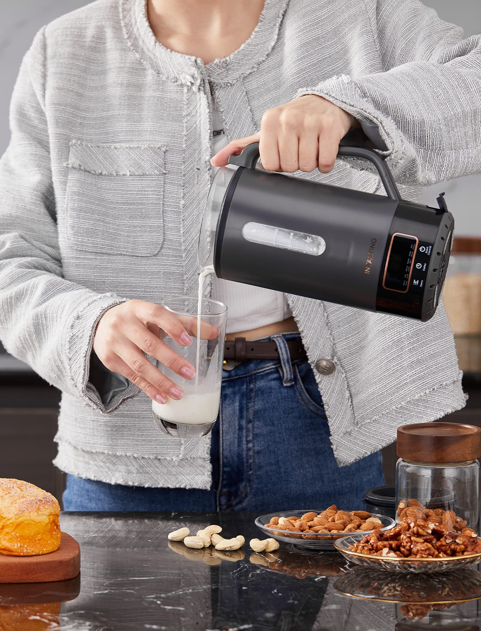 INTASTING Automatic Nut Milk Maker, Glass Inner, Homemade Almond, Oats, Etc Grain, Soy Milk Machine with 6 Preset, Keep Warm, Delay, Boil Water, Blende, Self-Clean, Boil-Dry Protection, Easy Clean