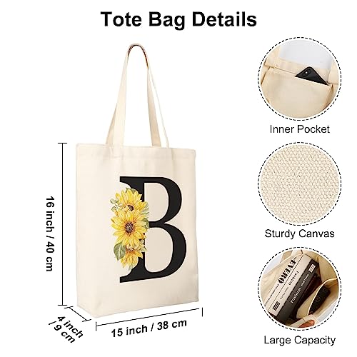 DERTE Personalized Initial Canvas Tote Bag Floral Letter Makeup Bag Monogrammed Gift Beach Tote Bags for Women Bridesmaids Birthday Wedding Bridal Shower (Letter B)