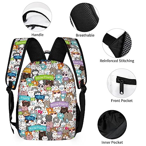 DTCCET 3PCS Cute Cat Backpack Set, Classic Daypack Stylish Kitty Laptop Bag with Lunch Bags, Lightweight Colorful Cat Shoulders Backpack(Cute Cat)