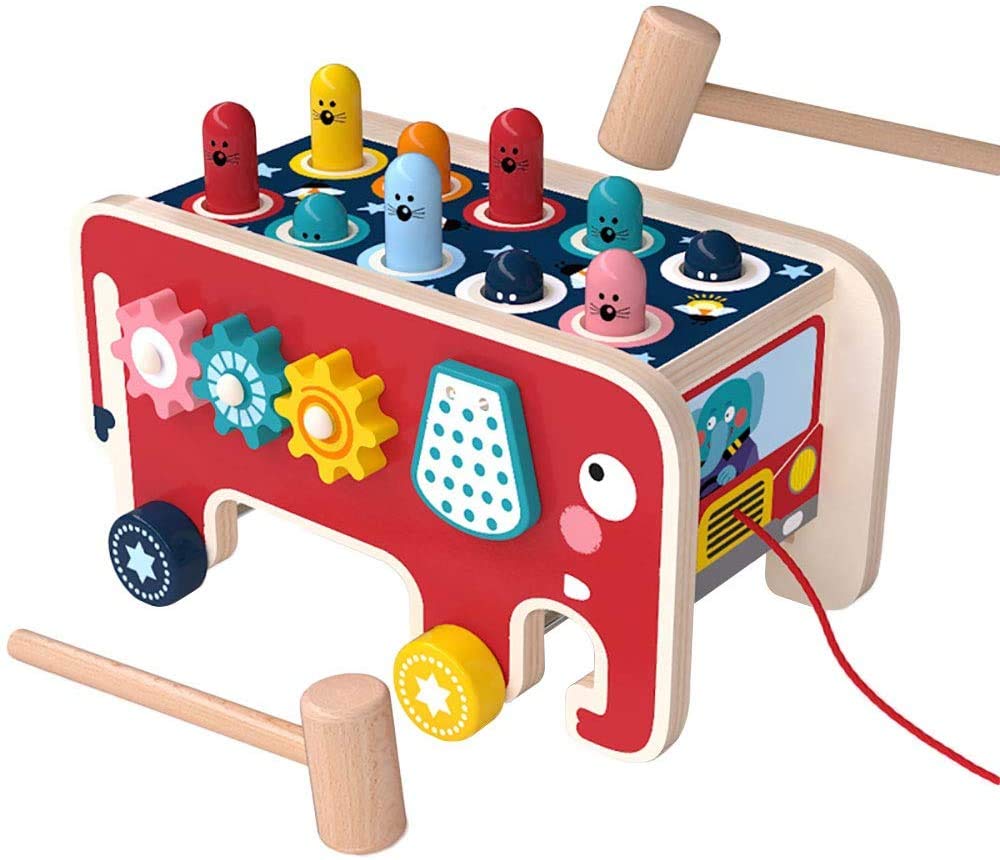 NUKied Wooden Hammering and Pounding Toys, Wooden Toys for 1 Year Old with 2 Mallets Pull Along Elephant Gopher Toy, Montessori Toys for 1 2 3 Year Old Toddler Boys Girls Birthday
