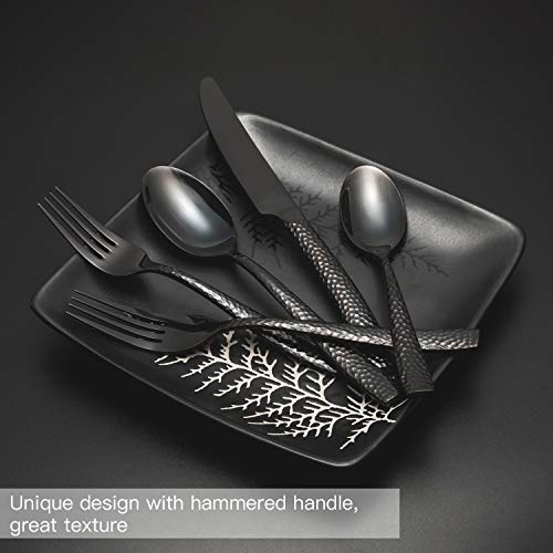 Kelenfer Flatware Set 20 Piece Black Stainless Steel Cutlery Set Forged with Hammered Handle Service for 4