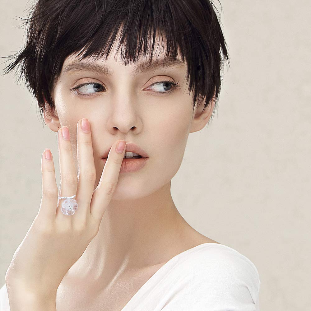 Lotus Fun S925 Sterling Silver Ring Flower in the Rain Open Simulated Crystal Ring Handmade Jewelry Unique Gifts for Women (Silver)