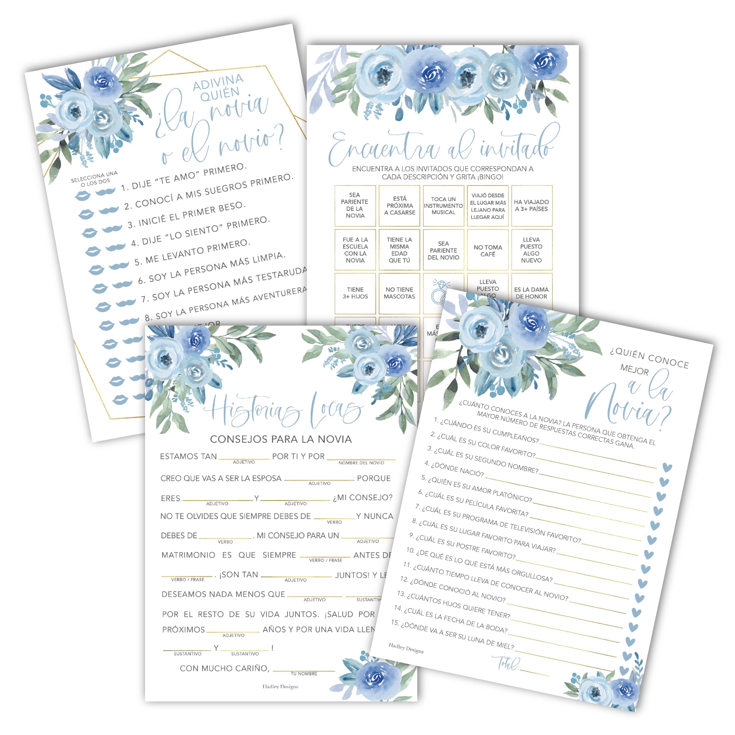 Dusty Blue Spanish Bridal Shower Games 20 Guests - Juegos Para Despedida De Soltera En Español, Wedding Shower Games, Bridal Shower Bingo In Spanish, Popular Bridal Shower Games Spanish Edition