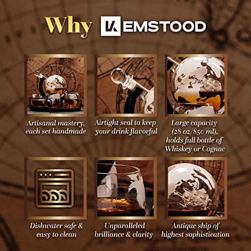 Kemstood Globe Whiskey Decanter Set - Etched World Design with Wooden Base & 4 Glass - Ideal for Dignified Drinking, Home Decor - Unique Whiskey Gifts for Men, Father - 850ml Capacity for Long Storage