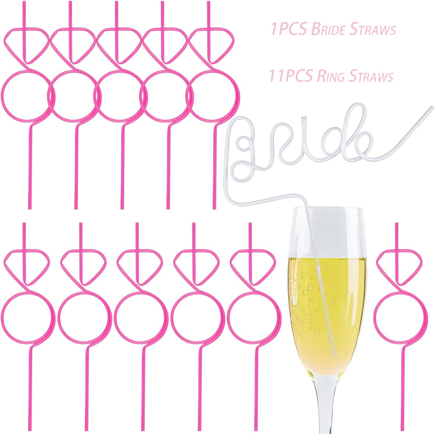CHSLtmxq 12pcs Reusable Bachelorette Party Decoration Straws, Includes 1 White Large Bride Straw,11 Pink Diamond Ring Straws, Bride party Favors Bridal Shower Wedding Engagement 12.6ββ With 2 Brushes