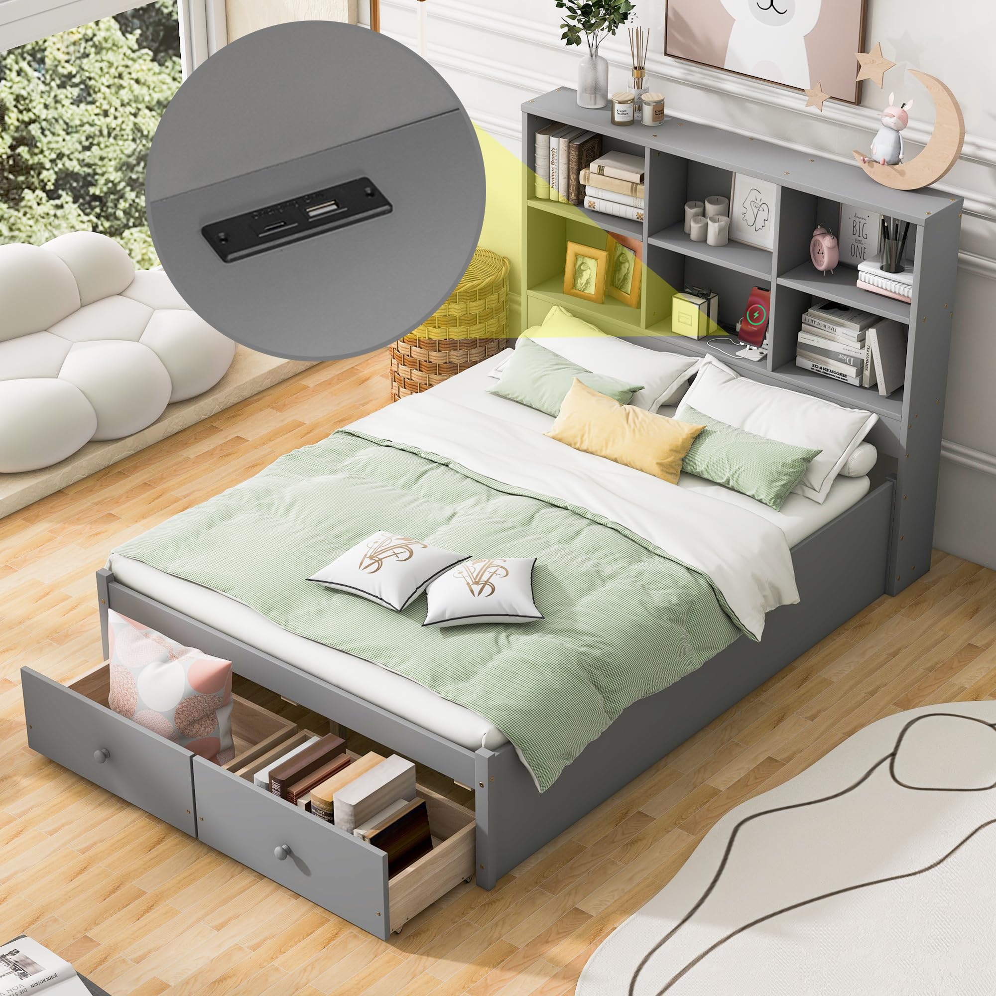 CITYLIGHT Full Size Bed Frame with Bookcase Headboard and 2 Drawers, Wood Full Size Platform Bed with Charging Station for Kids Teens Adults, No Box Spring Needed, Grey
