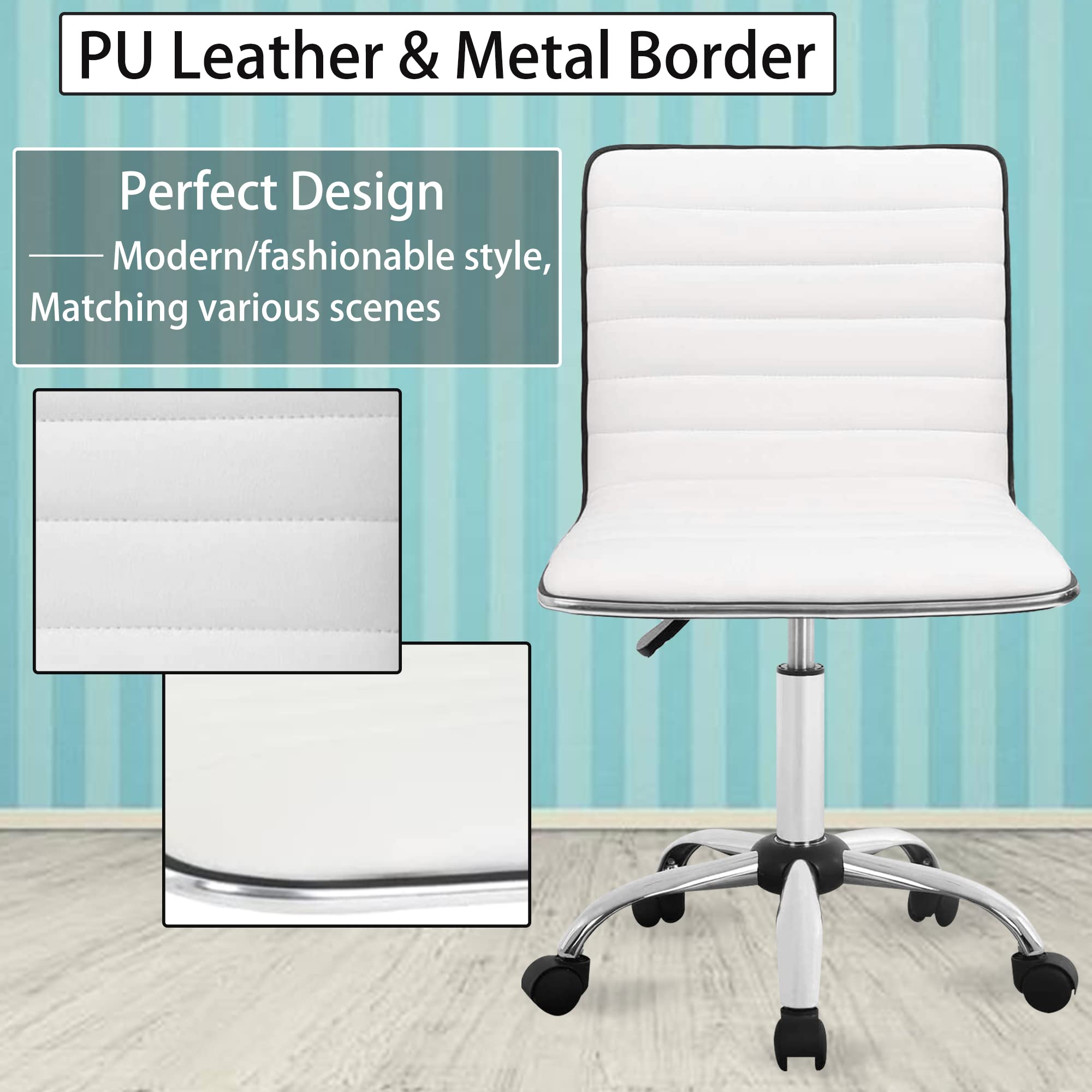 Pazidom Low Back Desk Chair Armless Leather Swivel Office Chair Adjustable Computer Task Chair, Vanity Chair for Makeup Room/Bedroom, White