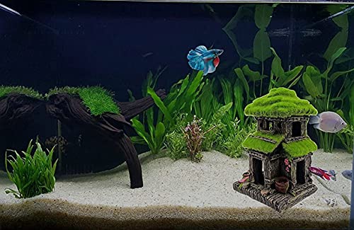 Saim Aquarium Decorations Fish Hideout Ancient Lovely Little House Betta Cave with Green Lifelike Moss Fish Tank Accessories