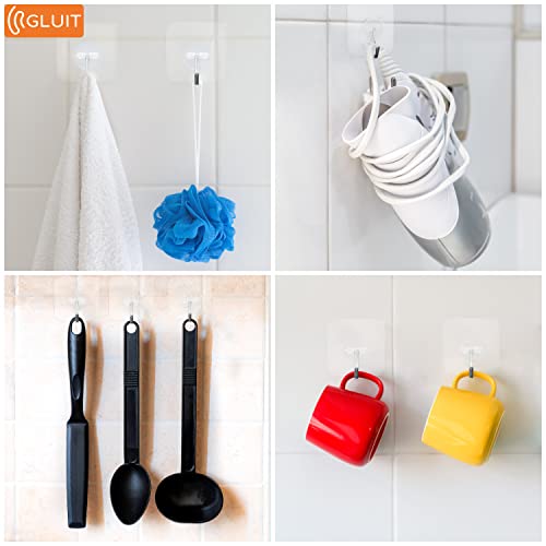 GLUIT Adhesive Hooks Medium 6 Pack and Large 6 Pack for Hanging Heavy Duty Wall Hooks 22 lbs Self Adhesive Towel Hook Waterproof Transparent Hooks for Keys Bathroom Shower Outdoor Kitchen