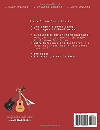 Awesome Blank Guitar Chord Book (Red): 6 & 16 Large Chord Boxes Per Page (Gifts for Guitarists & Songwriters) + BONUS 25 Essential Chord Charts + ... (Guitar Notebooks & Guitarist Accessories)