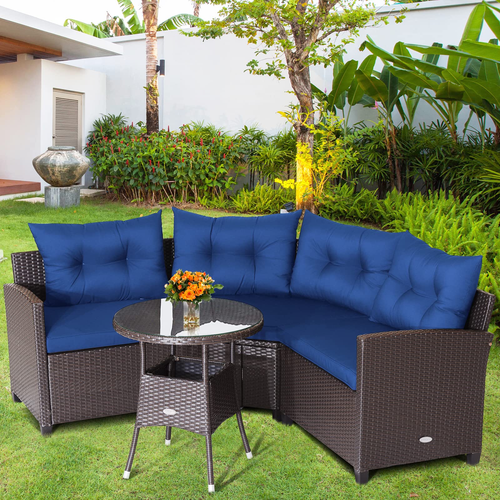 Tangkula 4 Piece Outdoor Sectional Sofa Set, Half-Moon All Weather Heavy Duty Corner Patio Furniture Set with Round Side Table, Soft-Padded Cushions, for Backyard, Poolside, Deck (Navy)