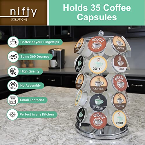 Nifty K Cup Holder β Compatible with K-Cups, Coffee Pod Carousel | 35 K Cup Holder, Spins 360-Degrees, Lazy Susan Platform, Modern Chrome Design, Home or Office Kitchen Counter Organizer