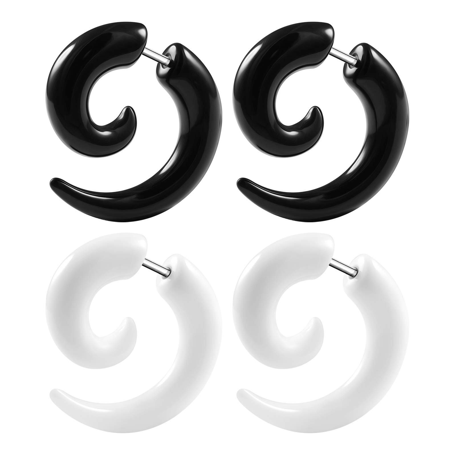BIG GAUGES 2 Pairs Acrylic 16g Gauge 1.2mm 1/4 (6mm) Black White Taper Sprial Shaped Piercing Fake Ear Plug Cheater Earring Lobe BG2921