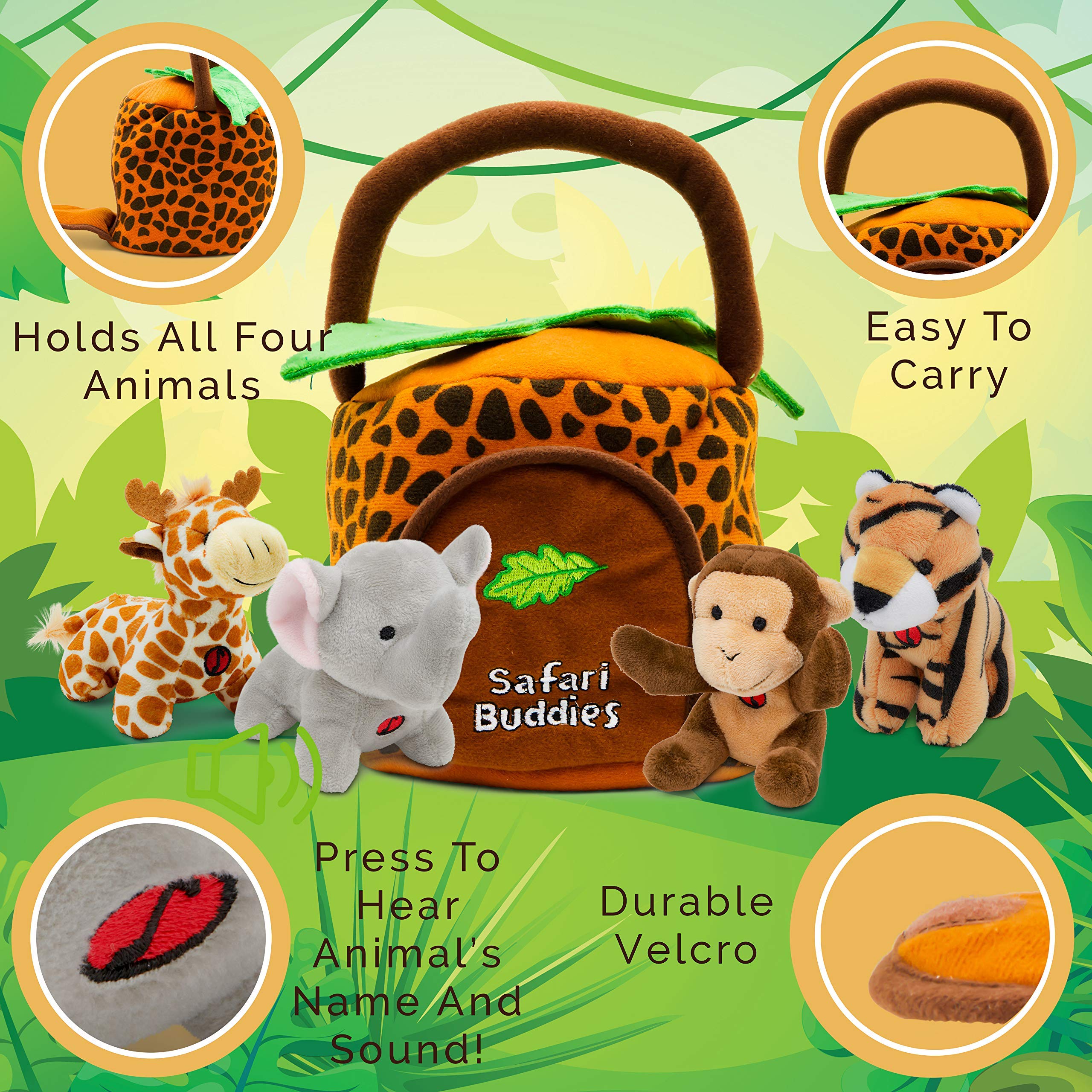 Hoovy Plush Jungle Animals Toy Set (5 Pcs) with Carrier for Kids|Stuffed Monkey, Giraffe, Tiger & Elephant|Great for Boys & Girls