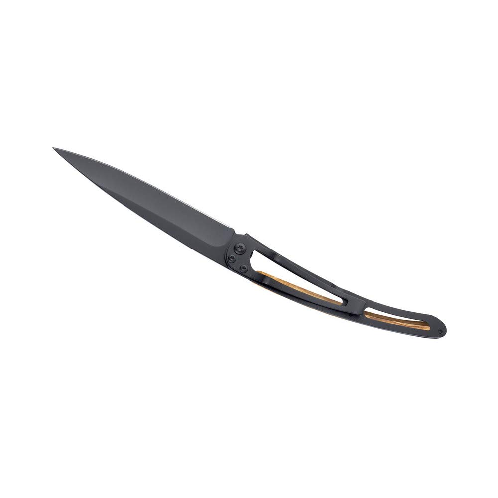 deejo - Serrated 1.3 OZ, Olive Wood, Black Titanium, Pacific - Ultra-Light Pocket Folding Knife with a Belt Clip - Stainless Steel Z40C13