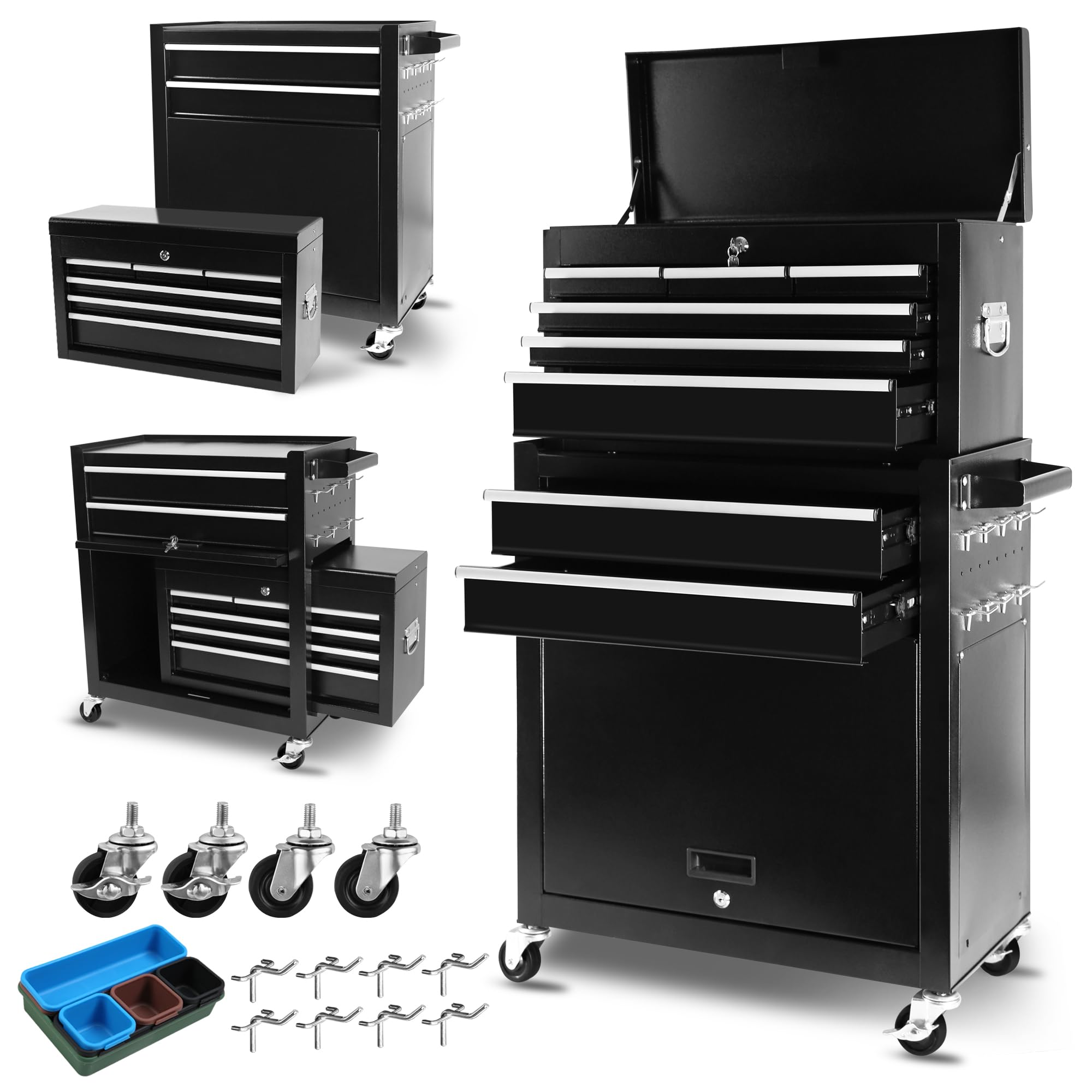 BouPower Tool Chest with 8 Drawers, Rolling Tool Cabinet with Wheels, Mobile Steel Tool Storage Organizer with Detachable Top Tool Box, for Warehouse&Workshop